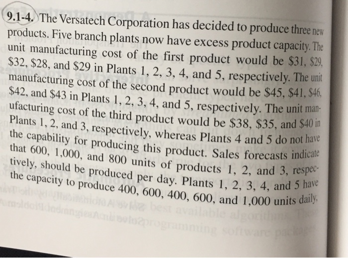 Solved 9.1-4. The Versatech Corporation has decided to | Chegg.com