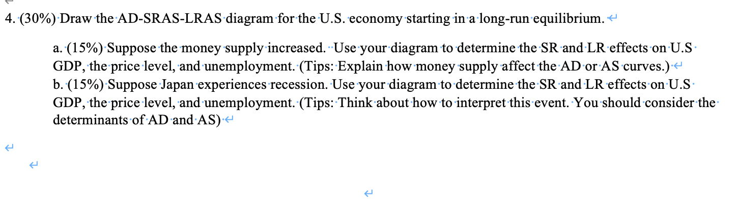 Solved 4. (30%) Draw the AD-SRAS-LRAS diagram for the U.S. | Chegg.com
