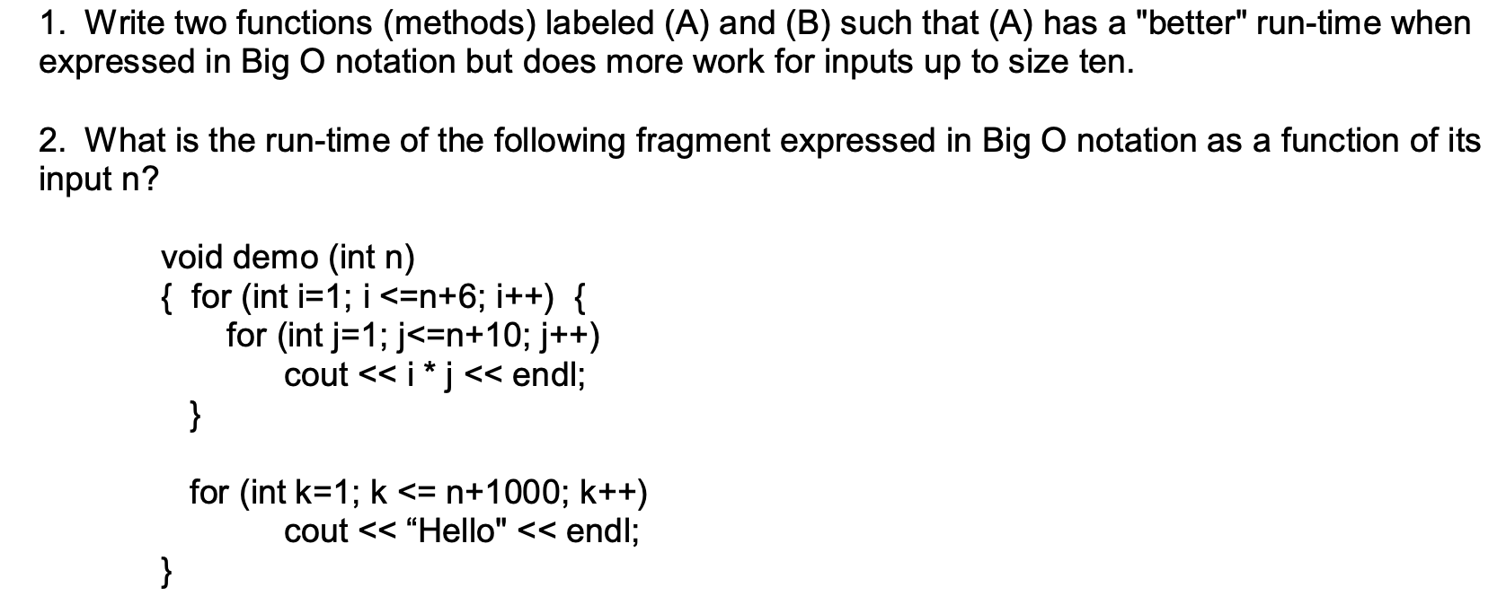 Solved 1. Write two functions (methods) labeled (A) and (B) | Chegg.com