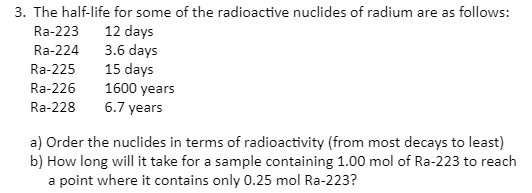 Solved 3. The half-life for some of the radioactive nuclides | Chegg.com