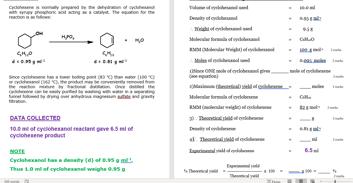 Solved Volume of cyclohexanol used 10.0 ml Cyclohexene is | Chegg.com