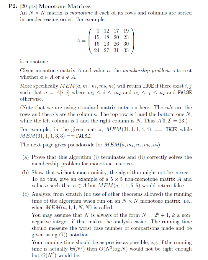 Solved P2: (20 pts) Monotone Matrices An N * N matrix is | Chegg.com