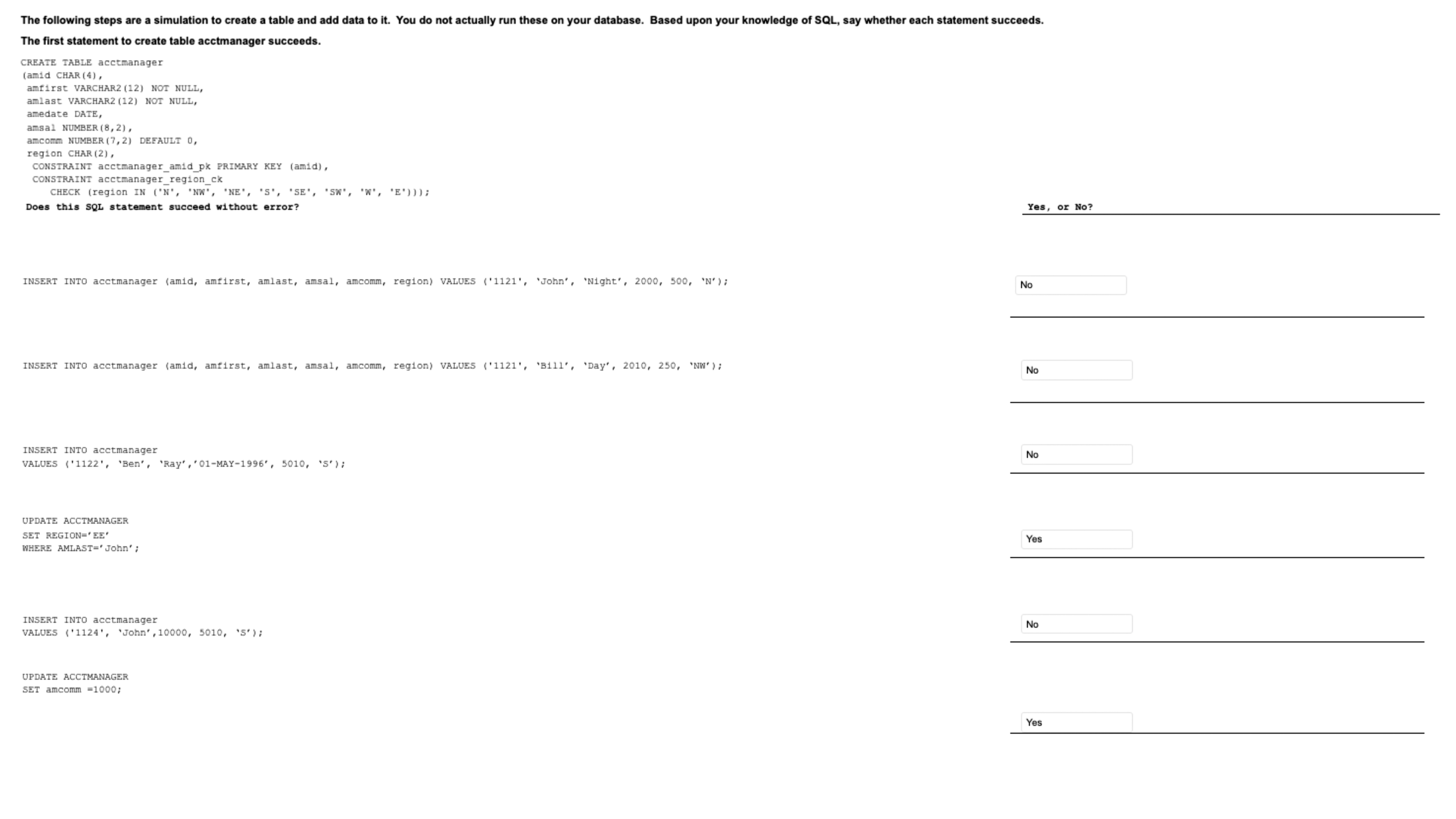 Solved The first statement to create table acctmanager | Chegg.com