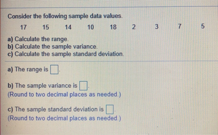 Solved Consider the following sample data values. 7 5 10 3 | Chegg.com