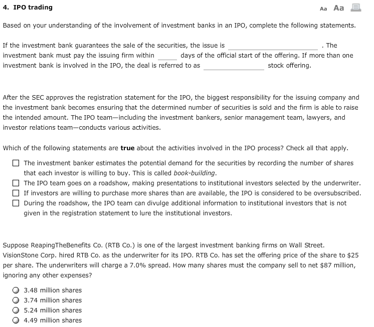 Solved 4 Ipo Trading Aa Aa Based On Your Understanding Of