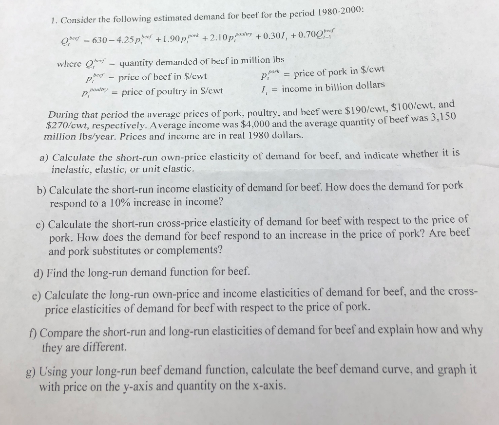 Solved 1. Consider the following estimated demand for beef | Chegg.com
