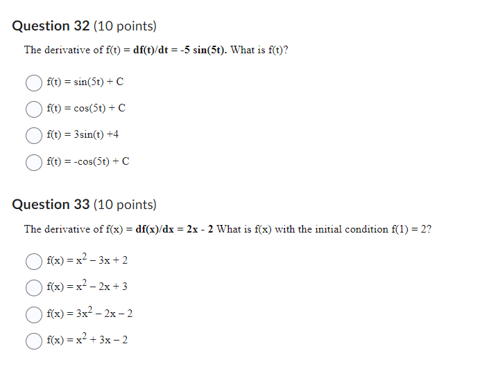 Solved The derivative of f(t)=df(t)/dt=−5sin(5t). What is | Chegg.com