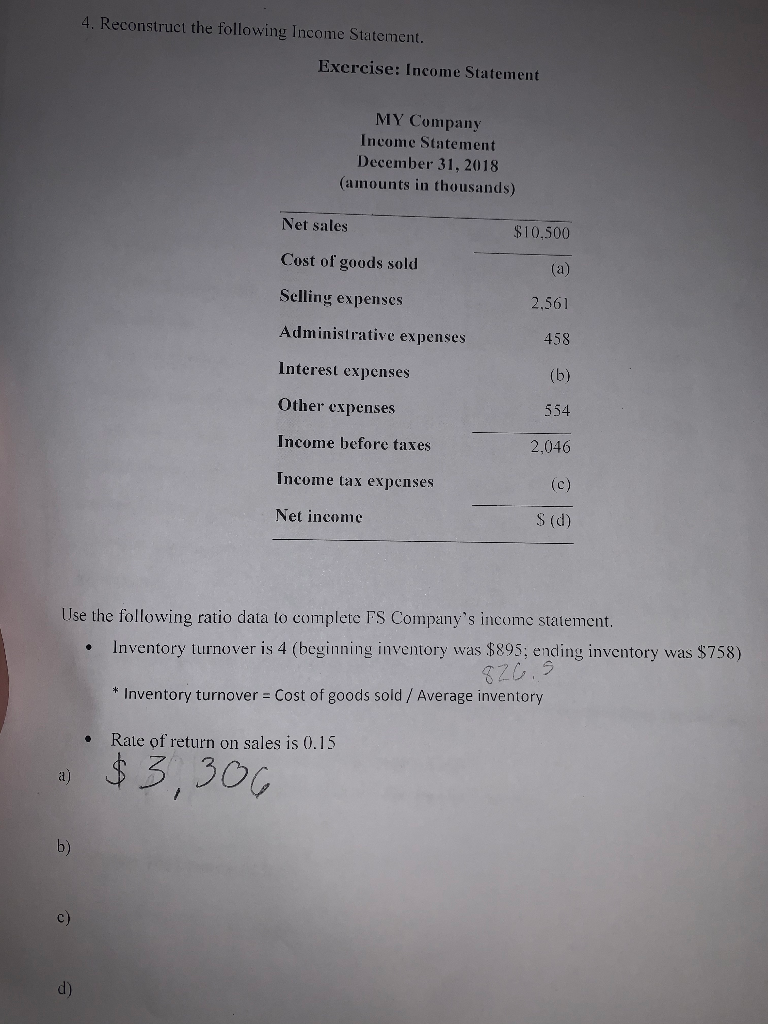 Solved 4. Reconstruct the following Income Statement. | Chegg.com