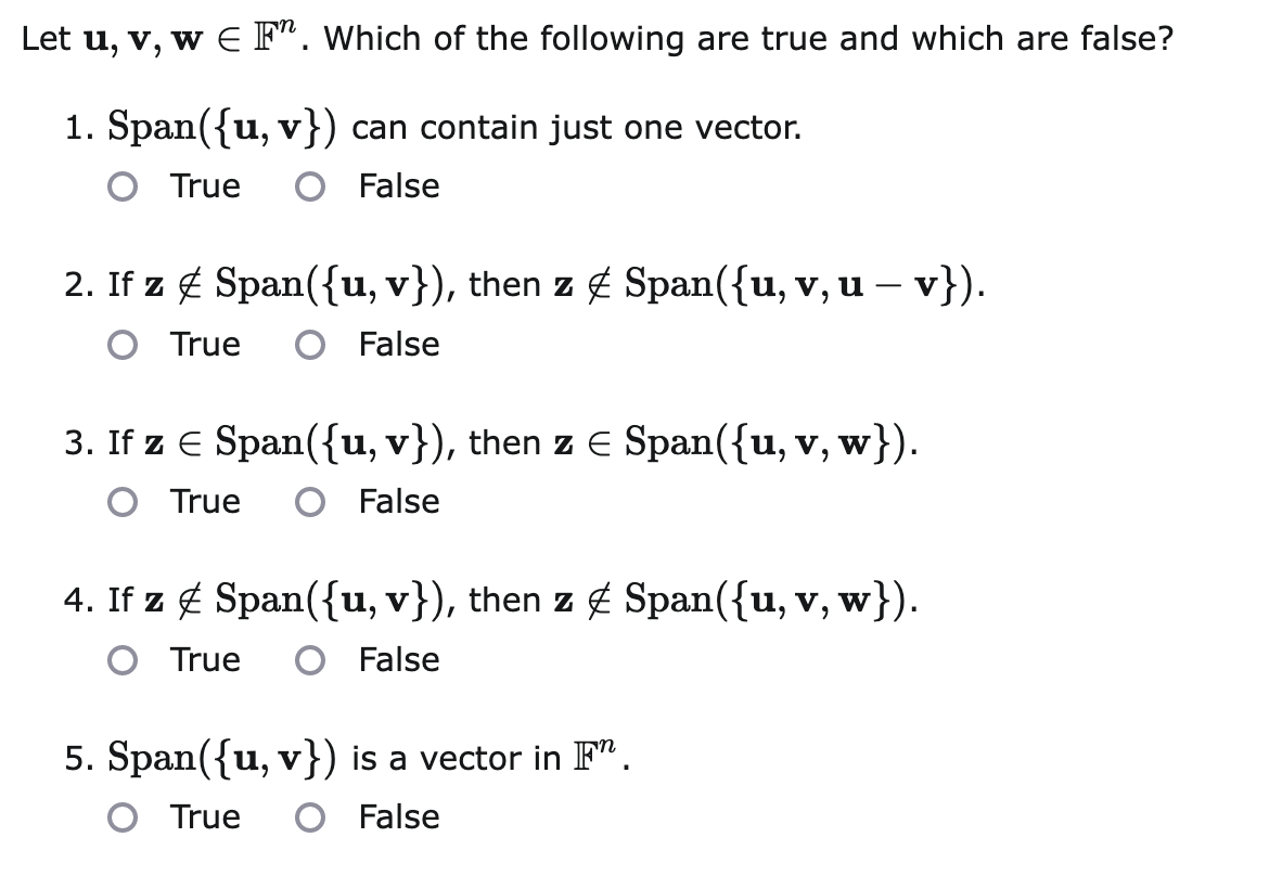 Solved Let u,v,w∈Fn. Which of the following are true and | Chegg.com