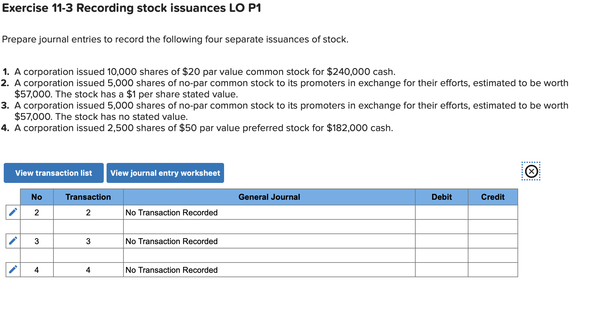 Solved Exercise 11-3 Recording stock issuances LO P1 Prepare | Chegg.com