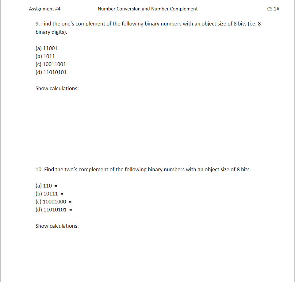 Solved Assignment #4 Number Conversion and Number Complement | Chegg.com