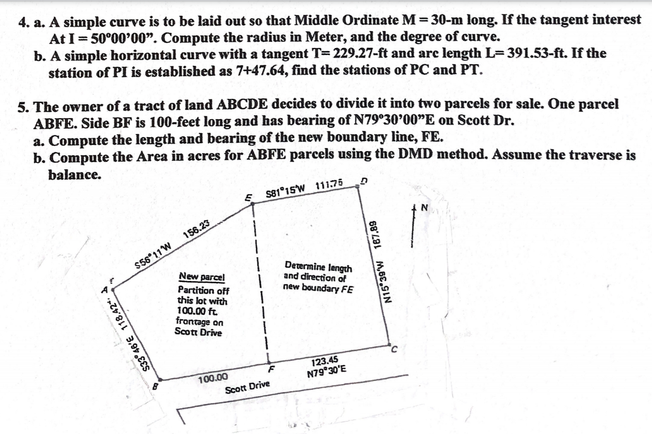 Solved 4. a. A simple curve is to be laid out so that Middle | Chegg.com