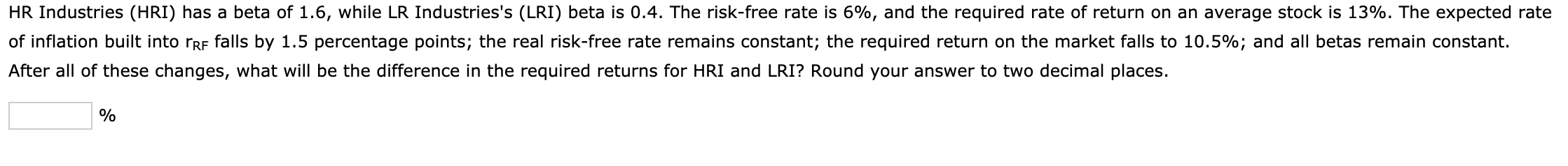 Solved HR Industries (HRI) has a beta of 1.6, while LR | Chegg.com