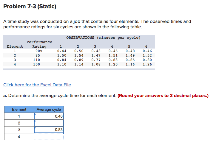 Solved Problem 7-3 (Static) A time study was conducted on a | Chegg.com