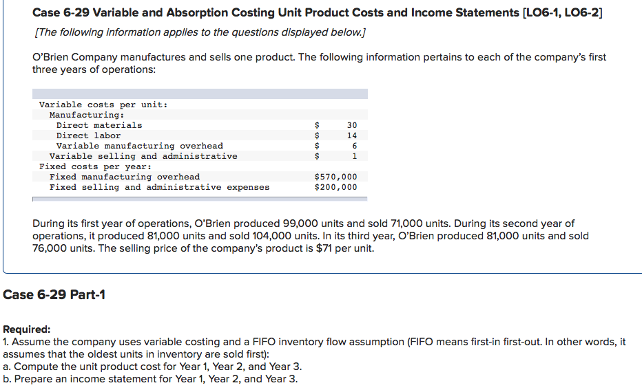 Solved Case 6-29 Variable and Absorption Costing Unit | Chegg.com