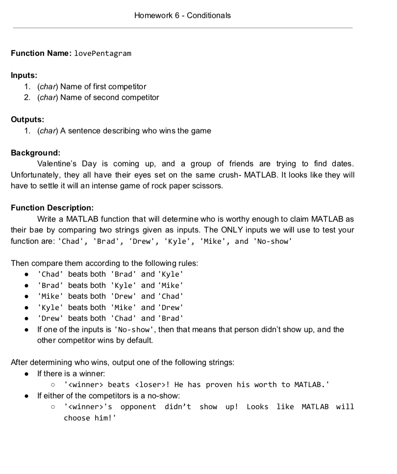 Solved Homework 6 - Conditionals Function Name: | Chegg.com
