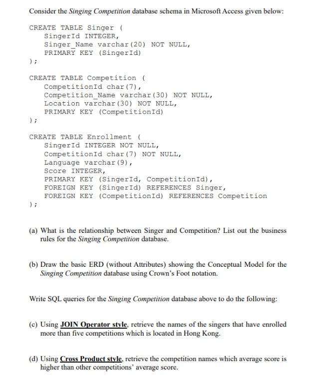 Solved Consider the Singing Competition database schema in | Chegg.com