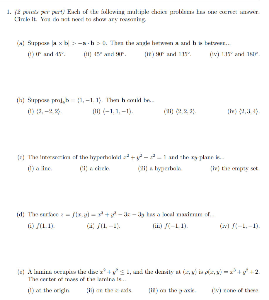 Solved (2 points per part) Each of the following multiple | Chegg.com