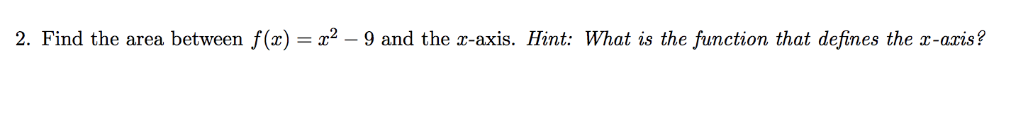 Solved 2. Find the area between f(x) = x2 – 9 and the | Chegg.com