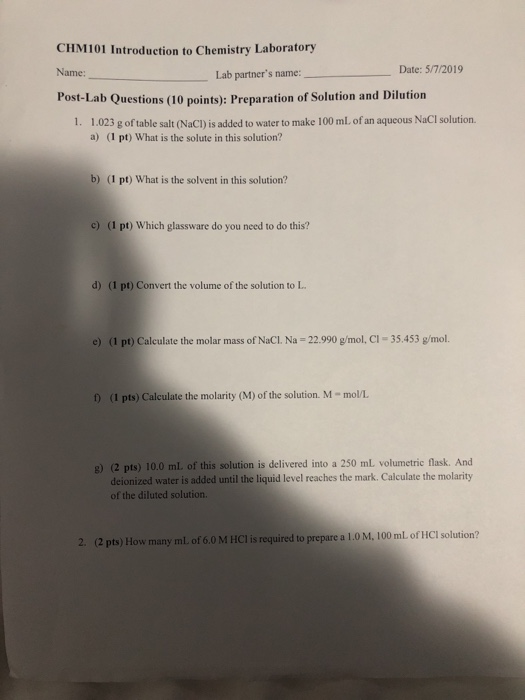Solved CHM101 Introduction to Chemistry Laboratory Date: | Chegg.com