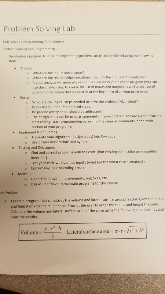 Solved Problem Solving Lab EGR-125 C++ Programming for | Chegg.com