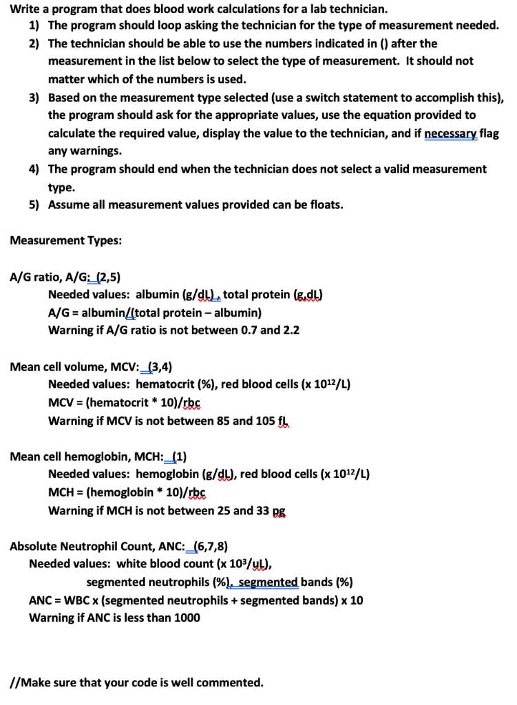 Solved Write a program that does blood work calculations for | Chegg.com