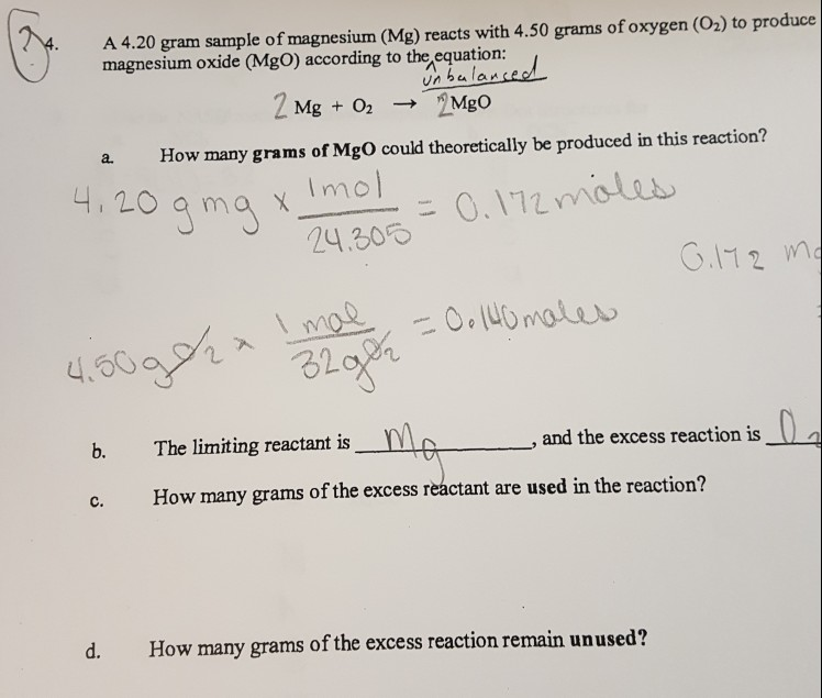 Solved A 4.20 gram sample of magnesium (Mg) reacts with 4.50 | Chegg.com