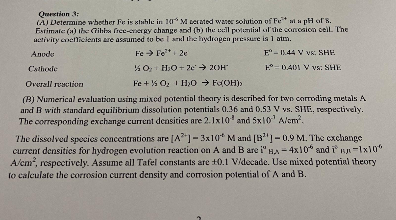 Solved Question 3: (A) Determine whether Fe is stable in | Chegg.com