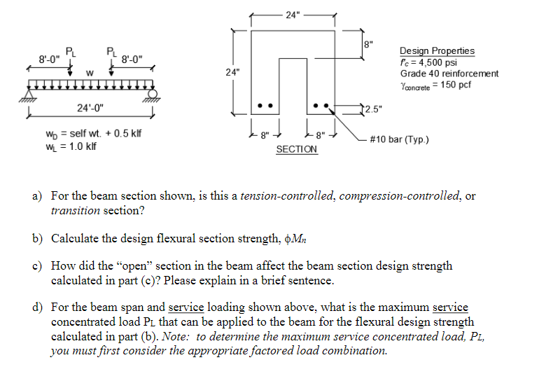 Solved fc′=5,000psi Grade 60 rebar γsoncrete =150 pcf 31 a) | Chegg.com