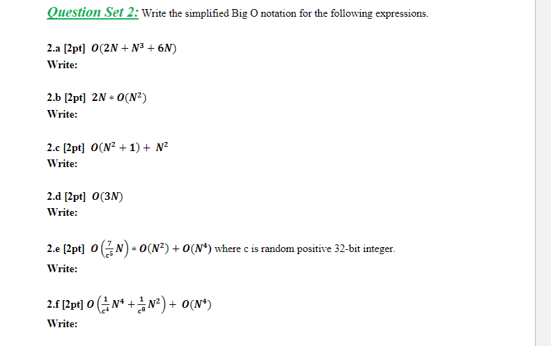 Solved Question Set 2: Write the simplified Big O notation | Chegg.com
