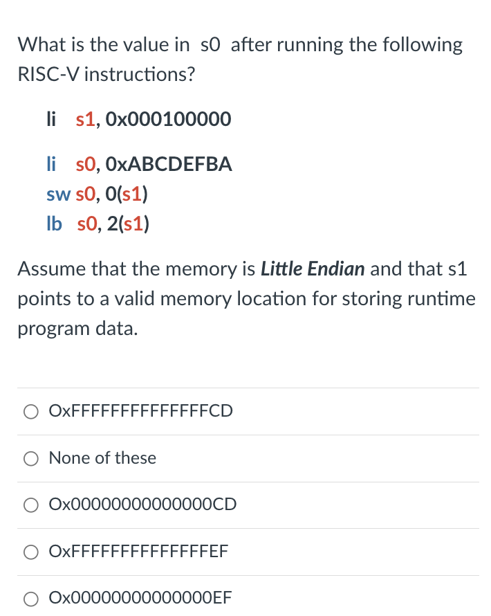 Solved RISC-V instructions? li s1, 0x000100000 li s0, | Chegg.com
