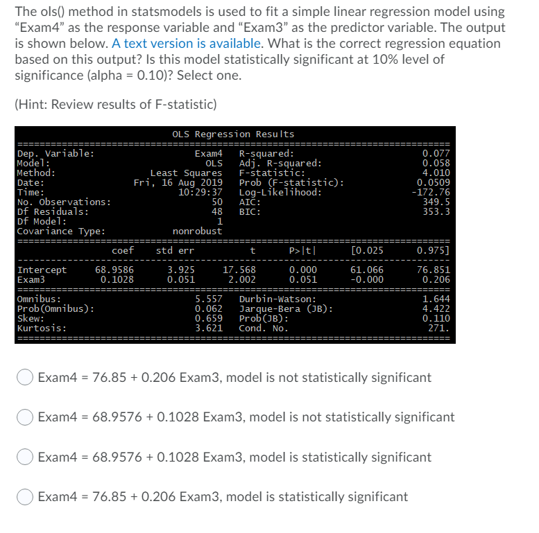Solved The Ols Method In Statsmodels Is Used To Fit A Chegg
