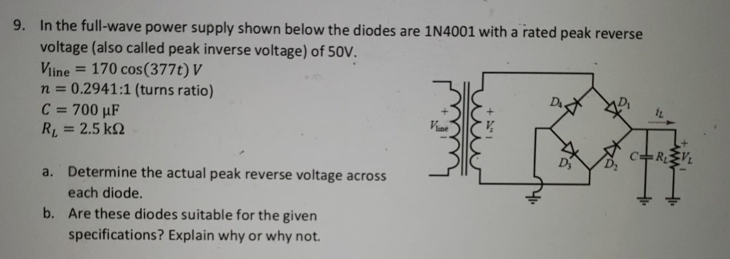 Solved 9. In the full-wave power supply shown below the | Chegg.com