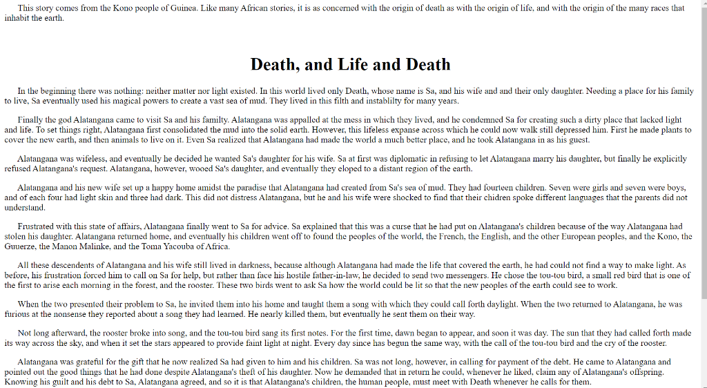 Each creation myth will get its own summary | Chegg.com