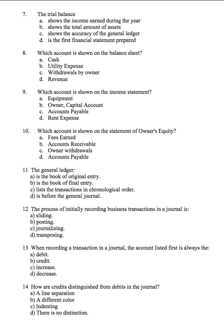Solved 7. The trial balance a. shows the income earned | Chegg.com