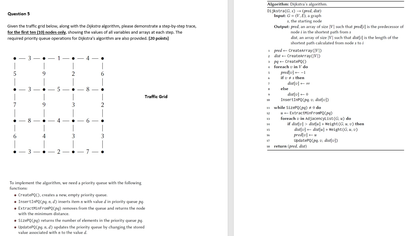 Question 5 Given the traffic grid below, along with | Chegg.com