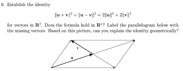 Solved 6. Establish the identity ∥u+v∥2+∥u−v∥2=2∥u∥2+2∥v∥2 | Chegg.com