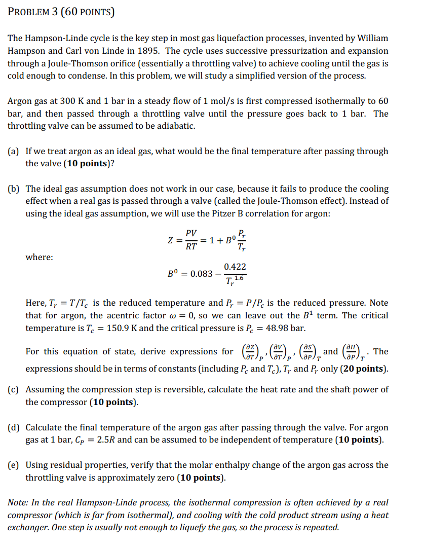 Solved Problem 3 (60 ﻿Points)The Hampson-Linde cycle is the | Chegg.com