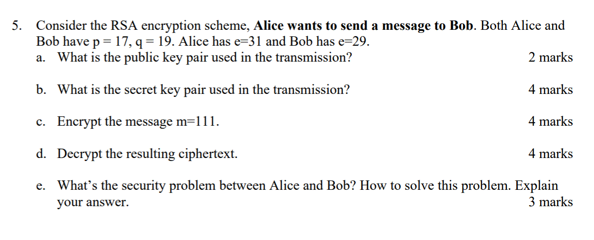 Solved 5. Consider the RSA encryption scheme, Alice wants to | Chegg.com