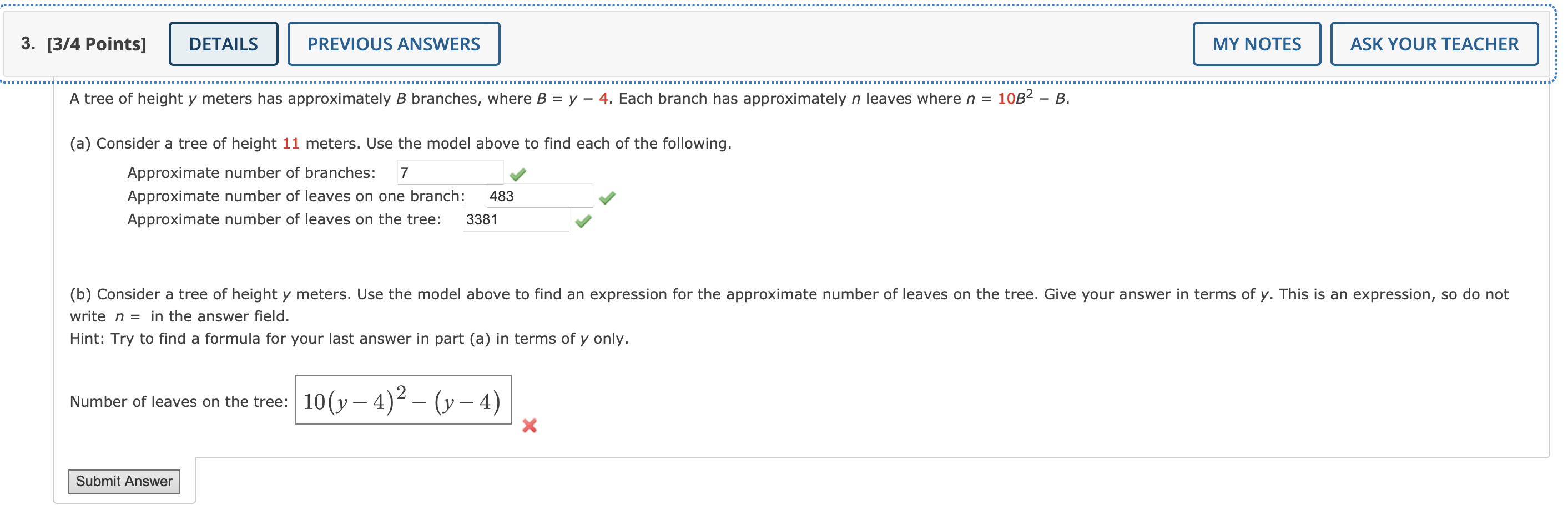 Solved A tree of height y meters has approximately B | Chegg.com