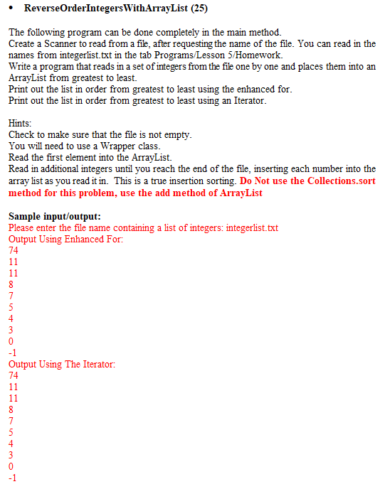 Solved - ReverseOrderIntegersWithArrayList (25) The | Chegg.com