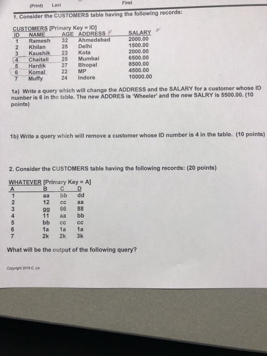 Solved First (Print) Last 1. Consider the CUSTOMERS table | Chegg.com