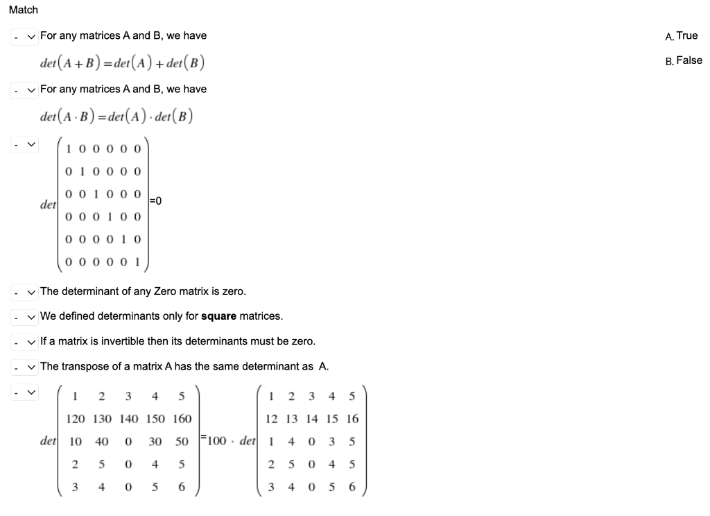 Solved Match For any matrices A and B, we have A. True = B. | Chegg.com