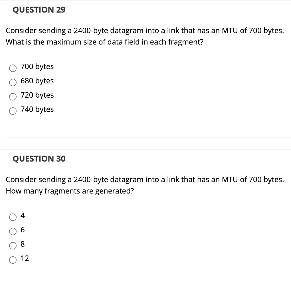 Solved QUESTION 29 Consider sending a 2400-byte datagram | Chegg.com