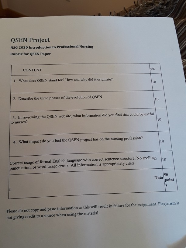 Solved QSEN Project NSG 2030 Introduction to Professional | Chegg.com