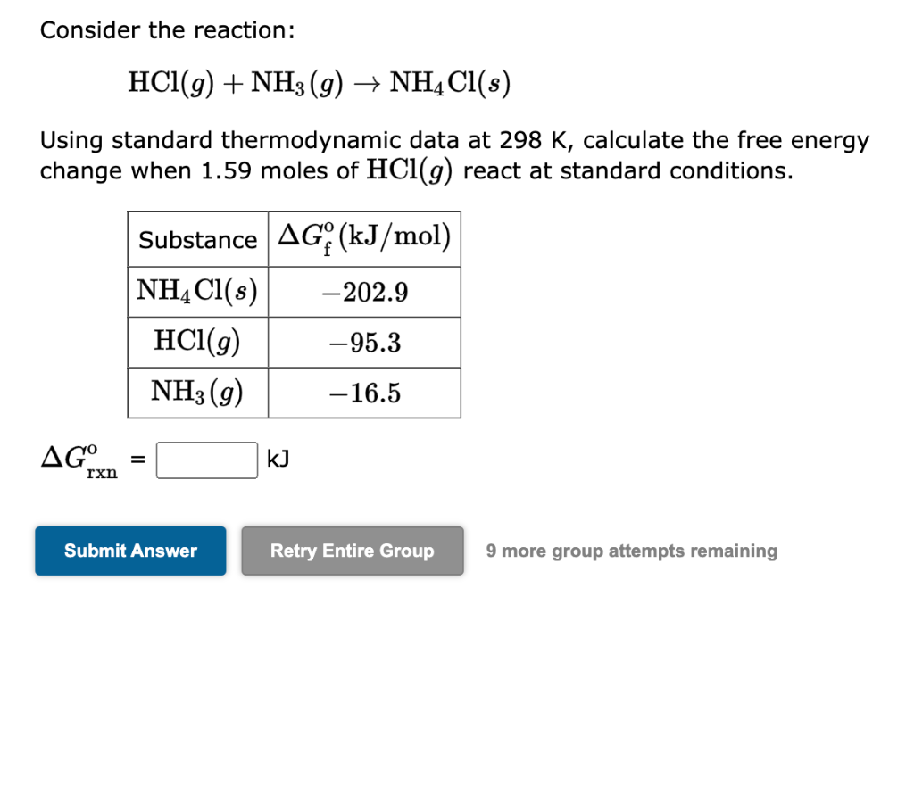 Solved Consider the reaction: HCl(g)+NH3(g)→NH4Cl(s) Using | Chegg.com