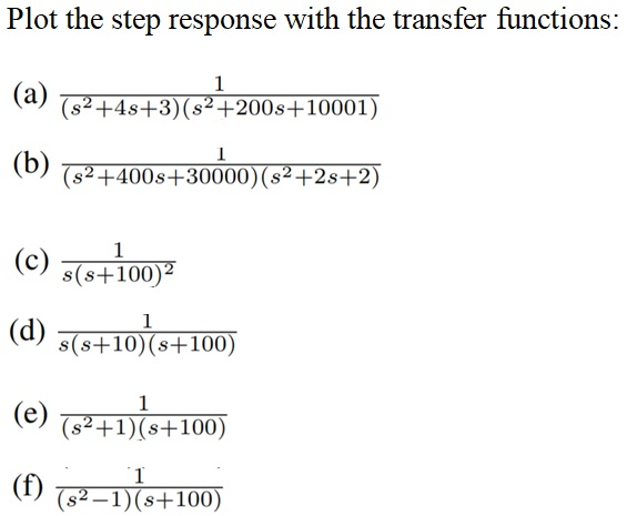 Solved Plot the step response with the transfer functions: | Chegg.com