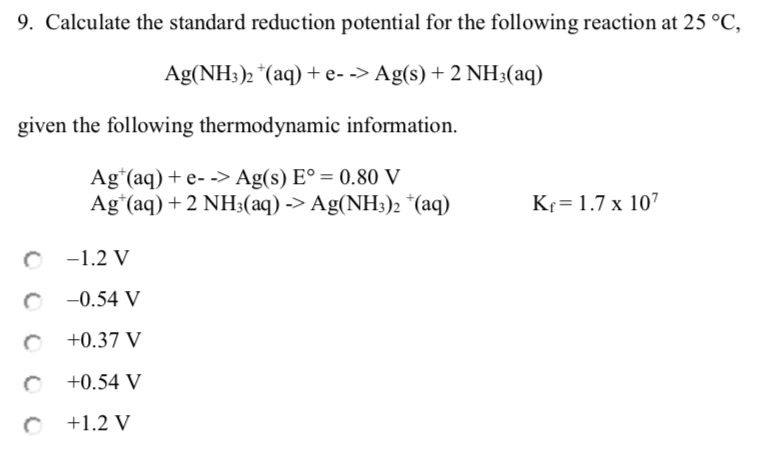 Solved 9. Calculate the standard reduction potential for the | Chegg.com