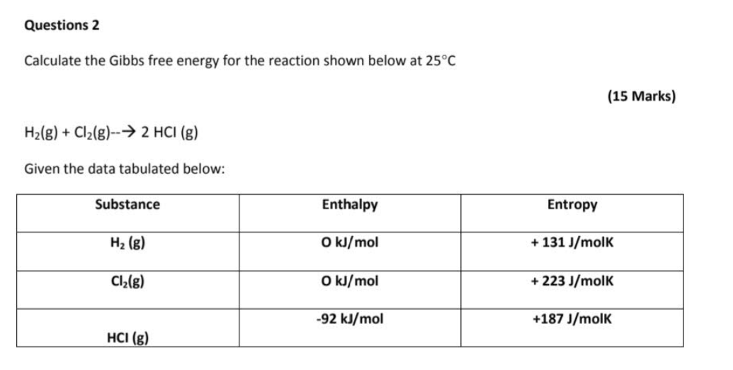 Solved Questions 2 Calculate the Gibbs free energy for the | Chegg.com