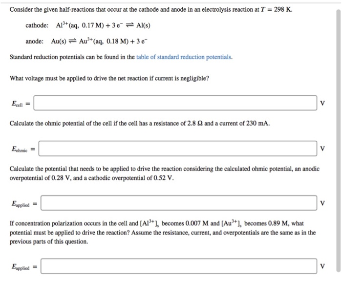 Solved Consider the given half-reactions that occur at the | Chegg.com